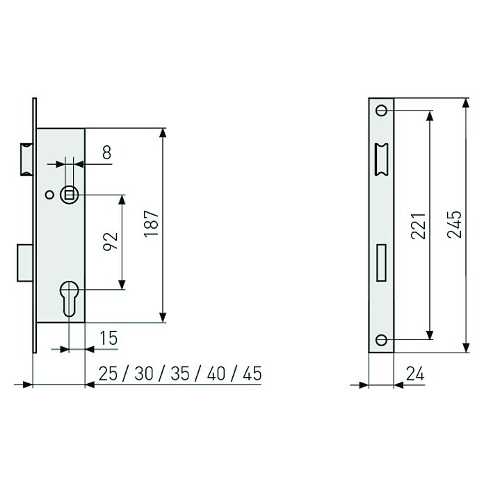 Abus Einsteckschloss ESR PZ LR Z 25 92 24 SB für Rohrrahmentüren (Links ...