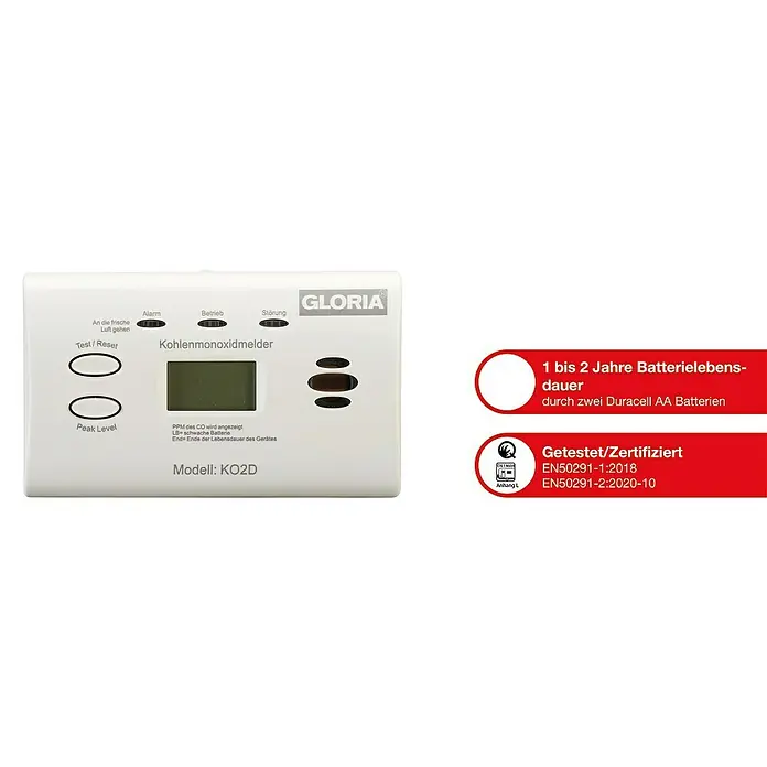 Gloria Kohlenmonoxidmelder KO2D - L x B x H: 40 x 118 x 71 mm ...