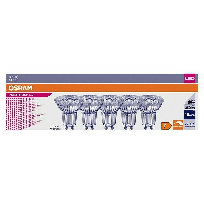 Osram LED-Lampen Set Parathom DIM PAR16 (GU10, Dimmbarkeit: Dimmbar, Warmweiß, 350 lm, 4,5 W, 5 ...