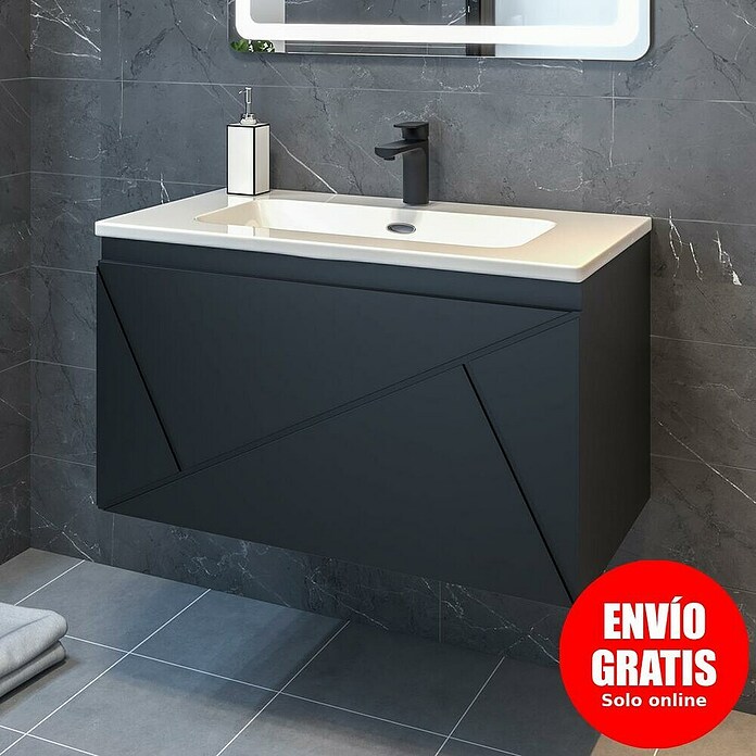 Disbain Conjunto de mueble de baño Lira (Ancho total del mueble de baño: 80 cm, Negro, Mate ...