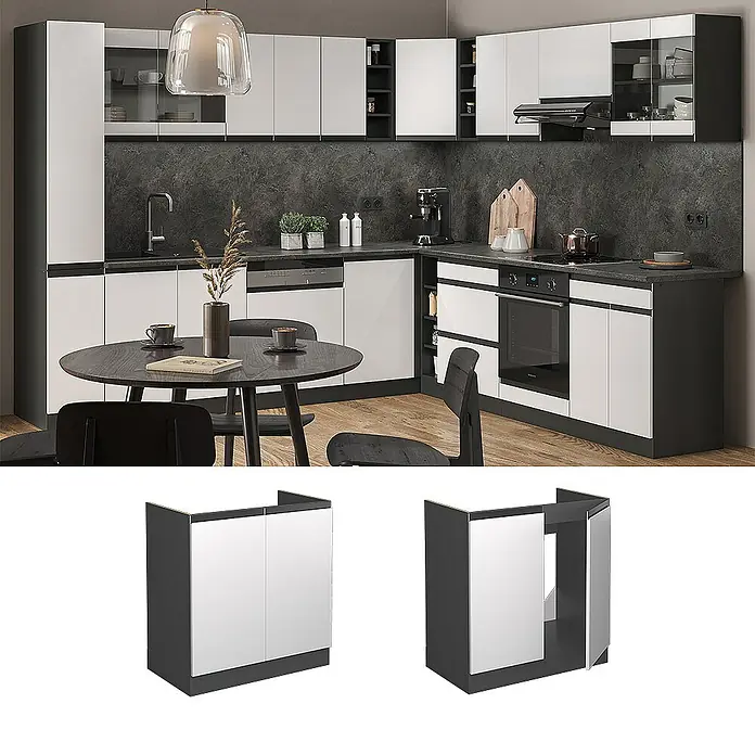 Vicco Schrankküche R-Line Weiß J-Shape, ohne Arbeitsplatte