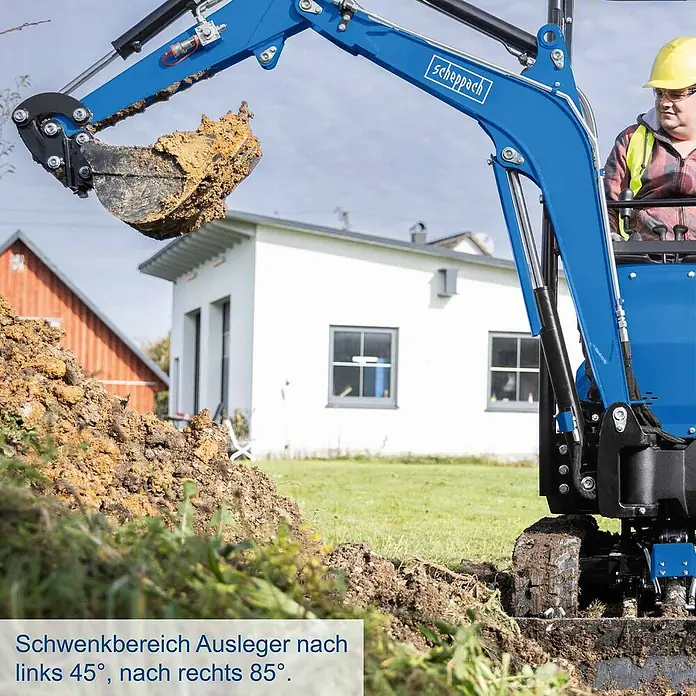 Scheppach Minibagger EXC1400 - 8,5 kW, Benzin, Auslegerschwenkbereich ...